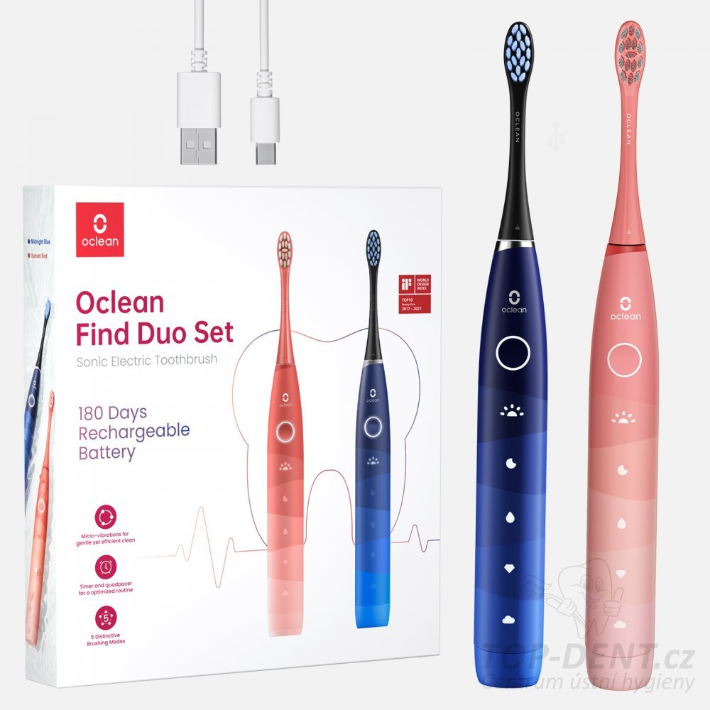 Oclean Flow Find Duo Set Red&Blue sonické kartáčky, 2ks :: TOP-DENT Vše pro dentální hygienu